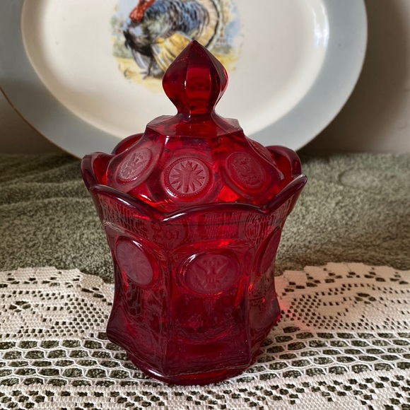 fostoria | Accents | Vintage Fostoria Red Coin Dot Glass Lidded Candy ...